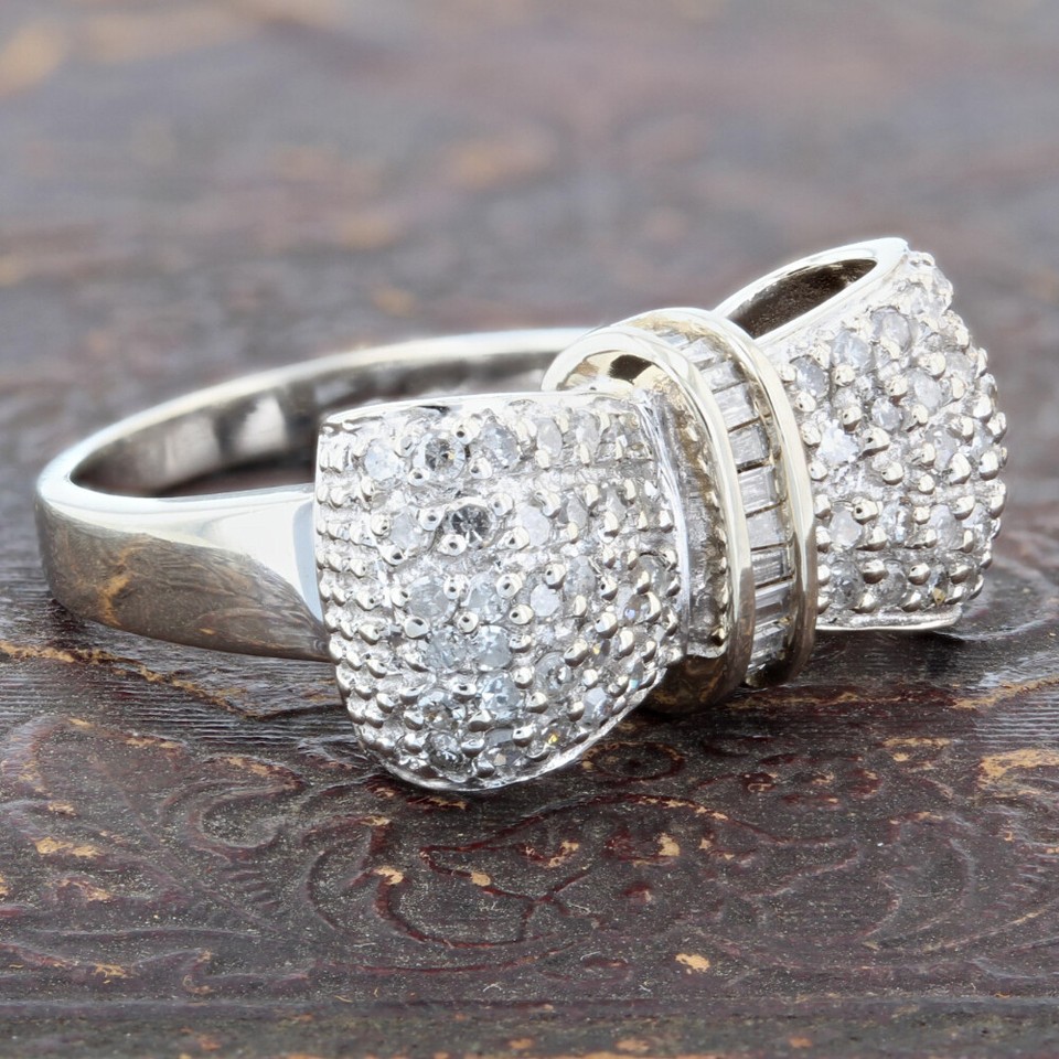 14K White Gold Pavé set Diamond Birthday Present Bow Ring | eBay