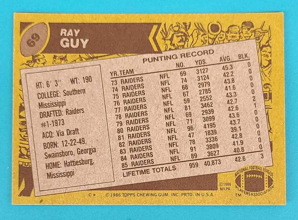 1986 Topps #69 Ray Guy Los Angeles Raiders FOOTBALL Card Q8 | eBay