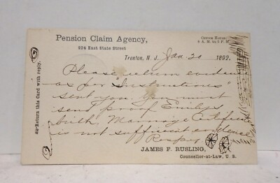 VINTAGE 1892 CIVIL WAR James F Rusling Brevet Brigadier General Pension ...