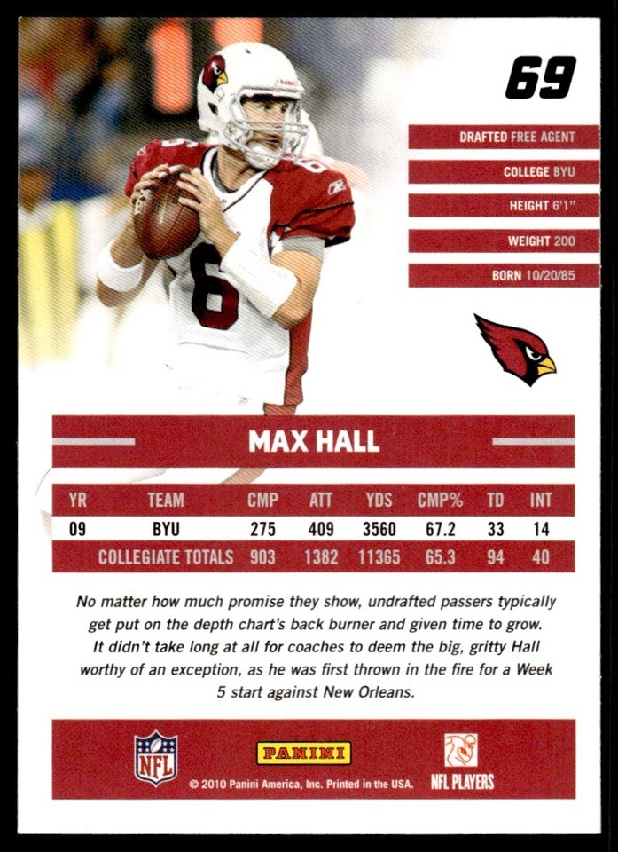 2010 Donruss Rated Rookies Max Hall Arizona Cardinals #69 | eBay