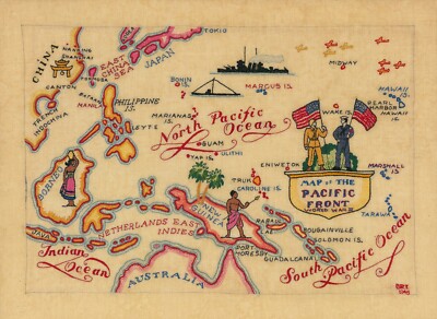 WWII Theater Map of the Pacific Front Sailor Art Style Wall Art Print ...