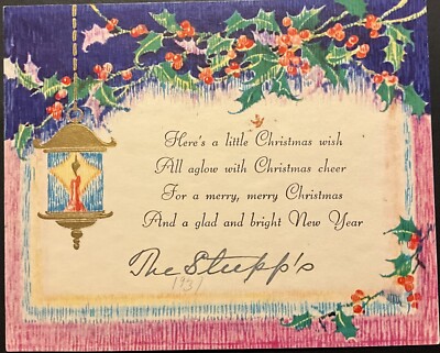 Vtg One Sided Christmas Card Artistic 1920-30s Candle Lantern Holly ...