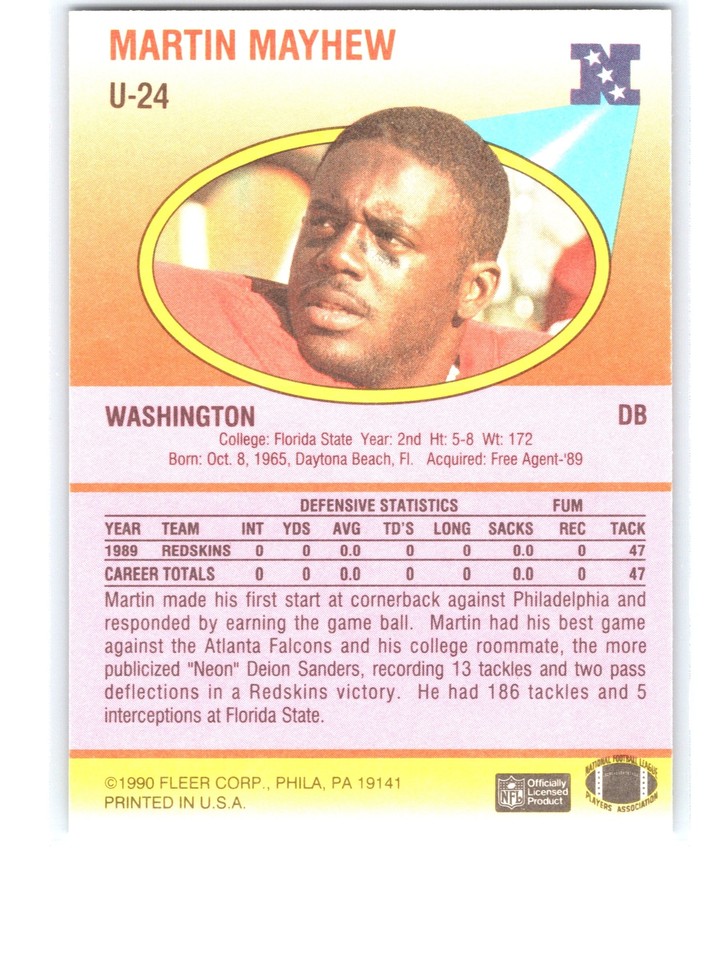 1990 Fleer Update #U-24 Martin Mayhew RC Washington Redskins | eBay