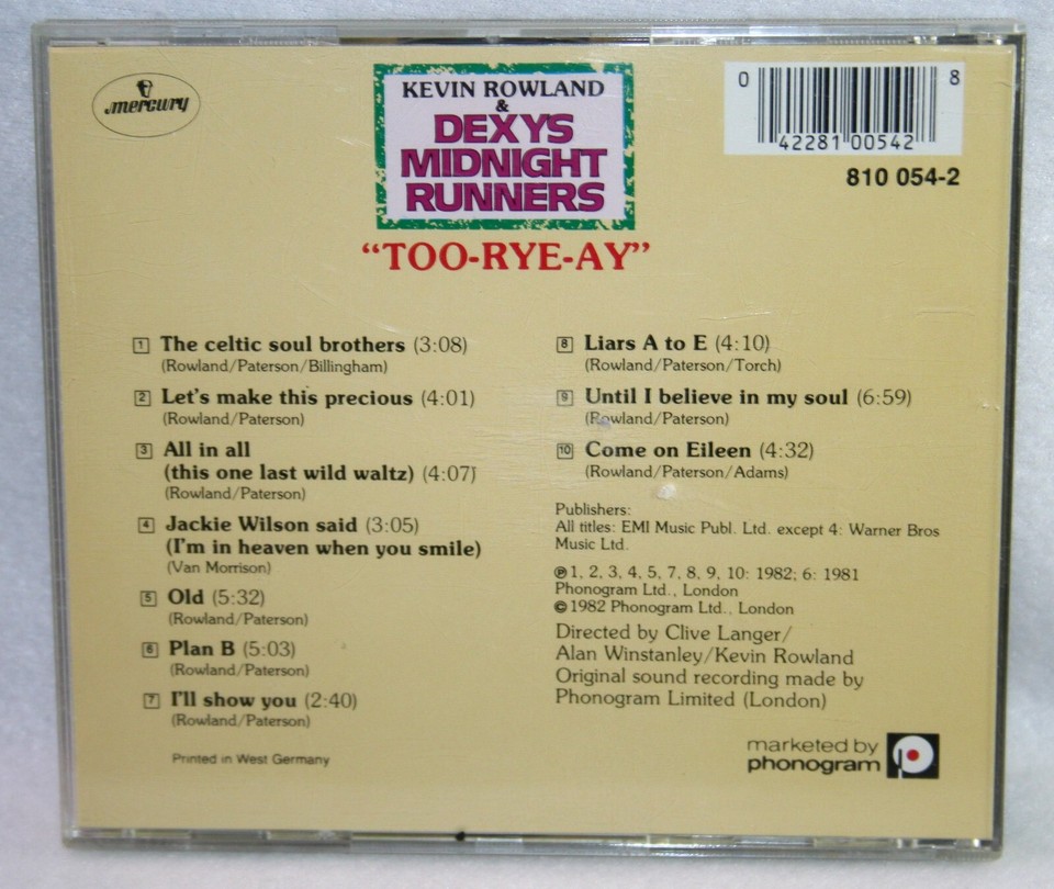 KEVIN ROWLAND & DEXYS MIDNIGHT RUNNERS Too Rye Ay CD West Germany COME ...