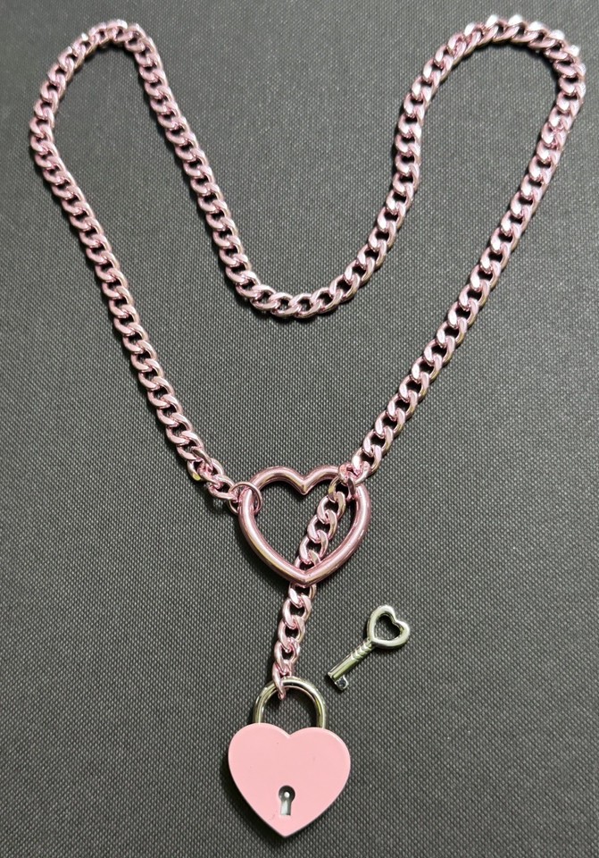 Pastel Pink Heart Padlock Key Slip Chain Choker Necklace Kink Roleplay ...