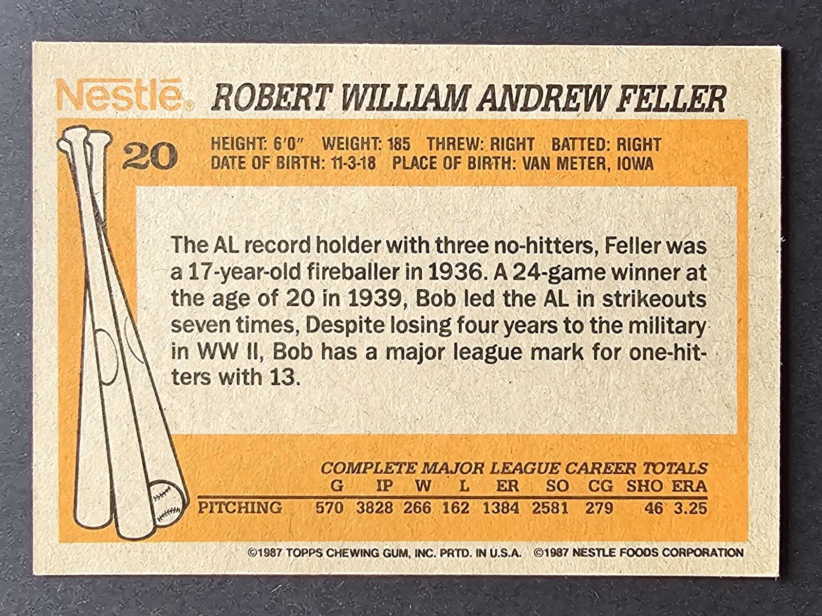 1987 Topps Nestle Autograph Auto Bob Feller Baseball Card sp no coa ...