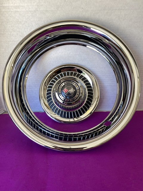 4 CHEVROLET DERBY CAPS 4 BEUTY STAINLESS TRIM RINGS 15x8 CORVETTE RALLY ...