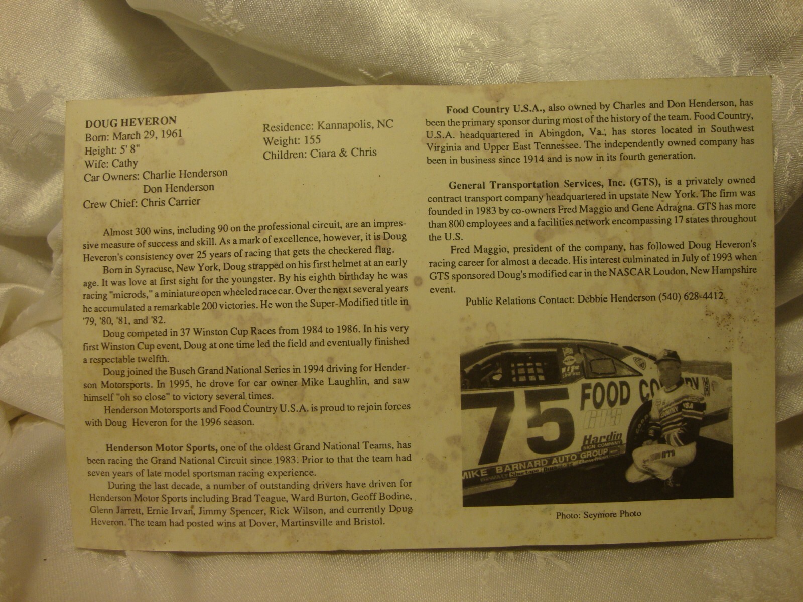 ~ Doug Heveron ~NASCAR Race Car #75 Signed Poster Photo (5.5"x 8.5") W2 ...