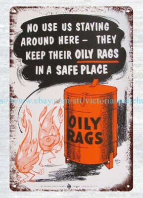 garage banners signs 1950s Oily Rags Safety Safety Poster metal tin ...