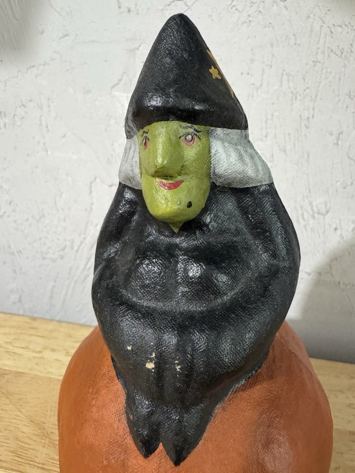 Halloween Seasons Gone By Paper Mache Pulp Green Witch On Pumpkin Folk ...