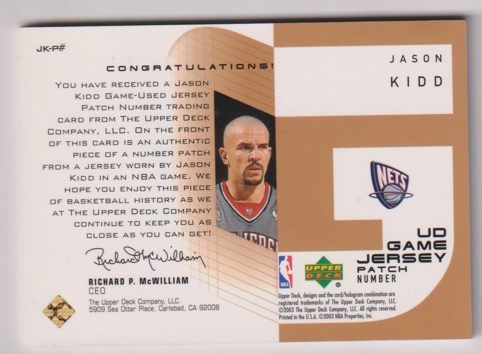 Nba Jason Kidd 2002-03 Ud Game-Used Jersey Patch Namber Basketball Nets ...