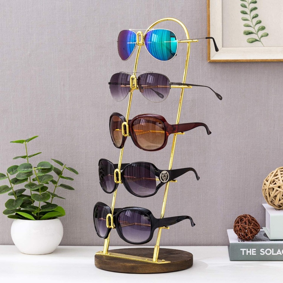 Modern 5-Tier Gold Metal Sunglasses Display Stand with Brown Wood Base ...