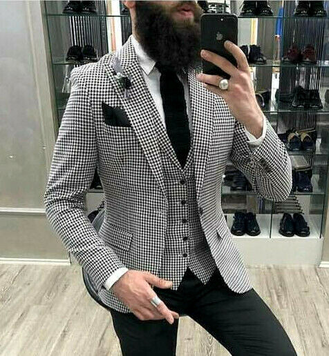 Designer Black White Houndstooth Men's Suit Jacket Vest Pants Slim Fit ...