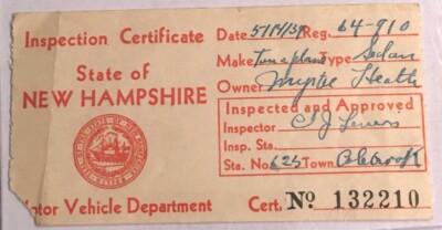 State Of New Hampshire Auto Inspection Certificate - Terraplane No ...