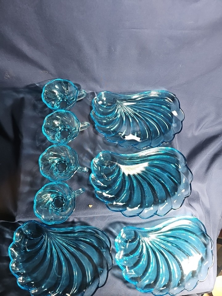 VTG Hazel Atlas Shell Pattern Snack Set 4 Plates & Cups Turquoise Blue ...