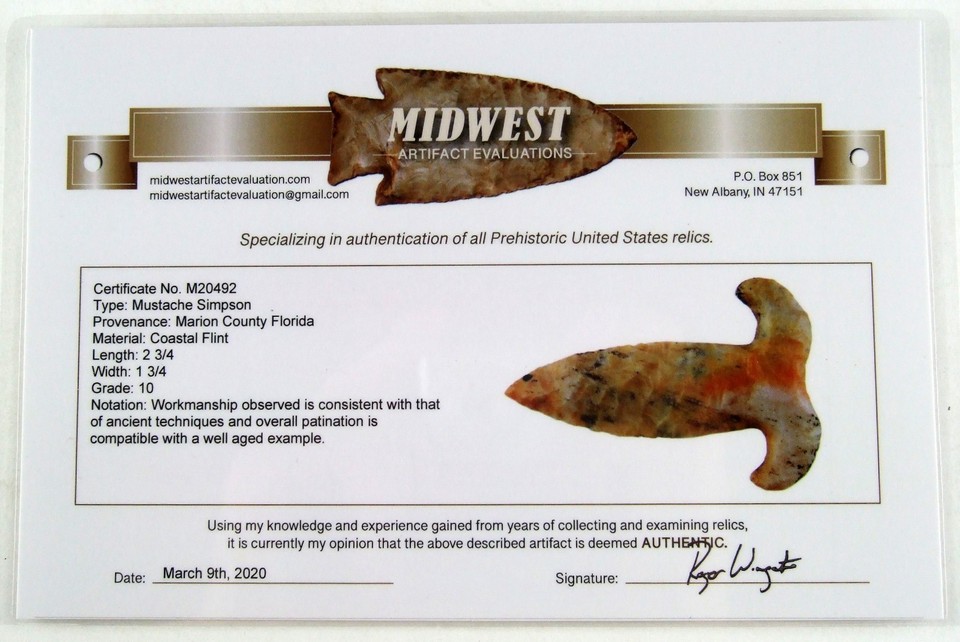 Super Fine Florida Coastal Flint Mustache Simpson Point with COA ...