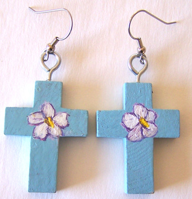 Handpainted Light Blue Cross Earrings with White Rose of Sharon | eBay