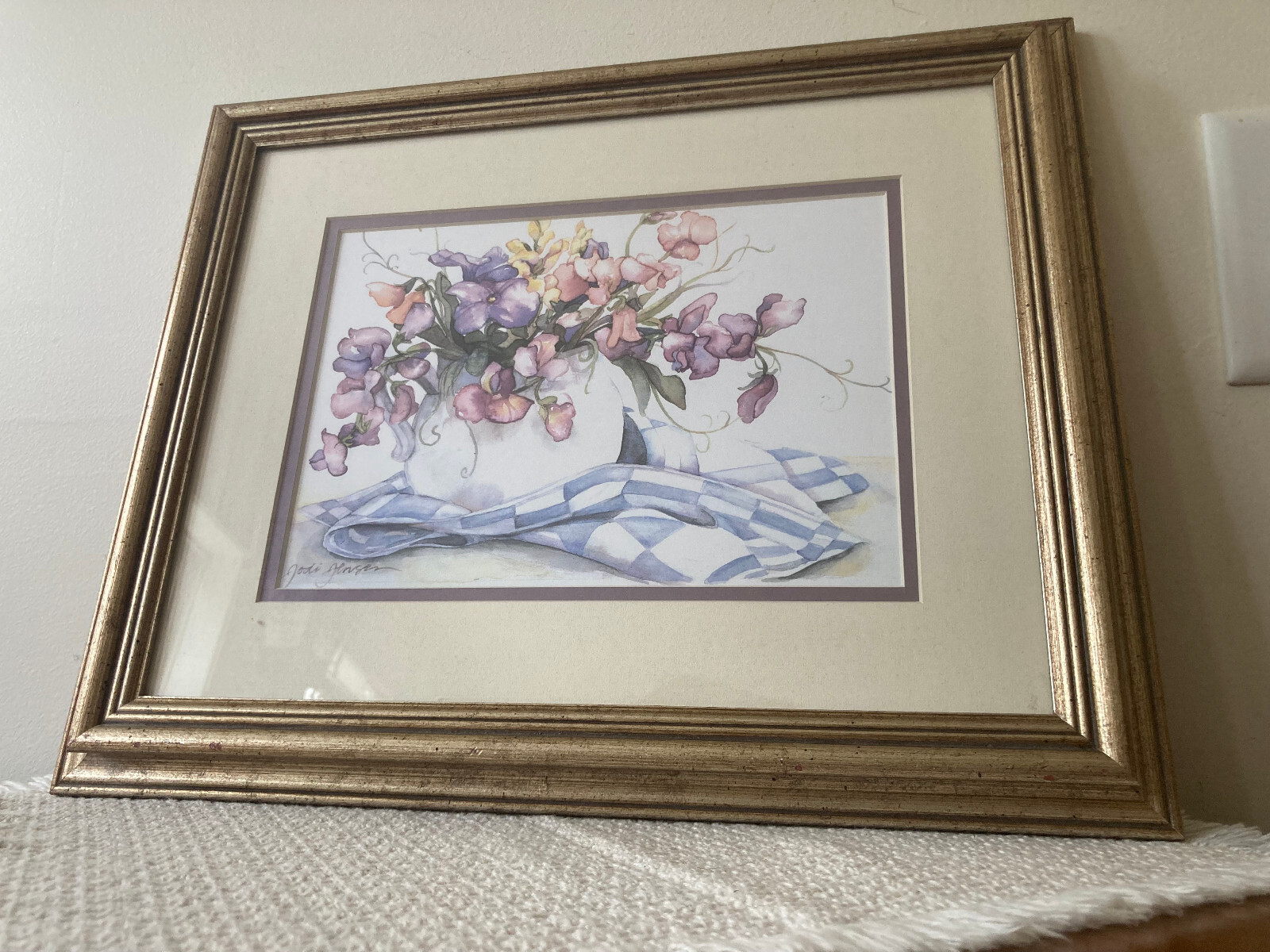 Jodi Jensen Watercolor Print Pitcher w Sweet Peas Framed & 2x Matted 16 ...
