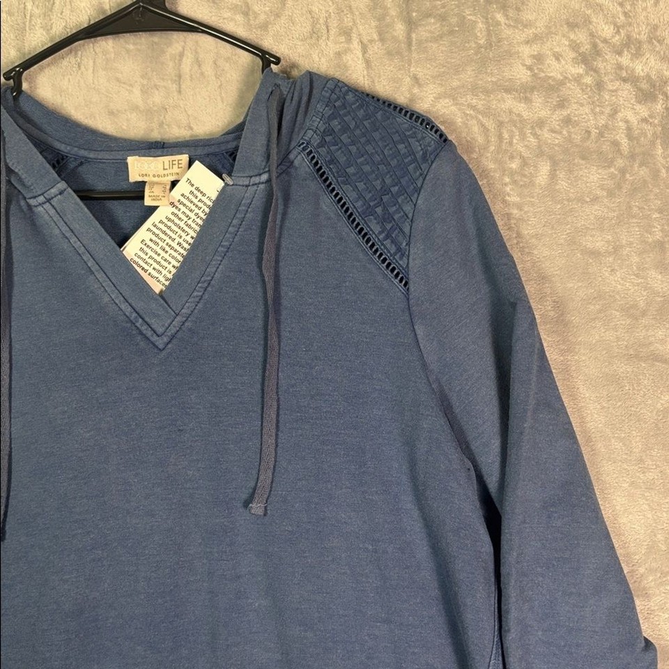 NWT New Logo Life Blue Hooded Vneck Top w/Pleated Embroidered Details ...