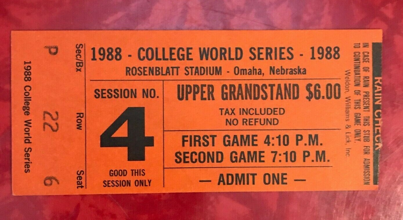 1988 COLLEGE WORLD SERIES CWS SESSION 4 TICKET STUB MIAMI & CAL STATE ...