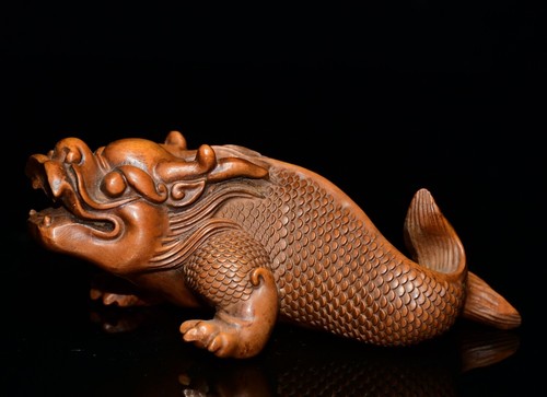Chinese Vintage Boxwood Wood Carving Exquisite Dragon Fish Statue ...