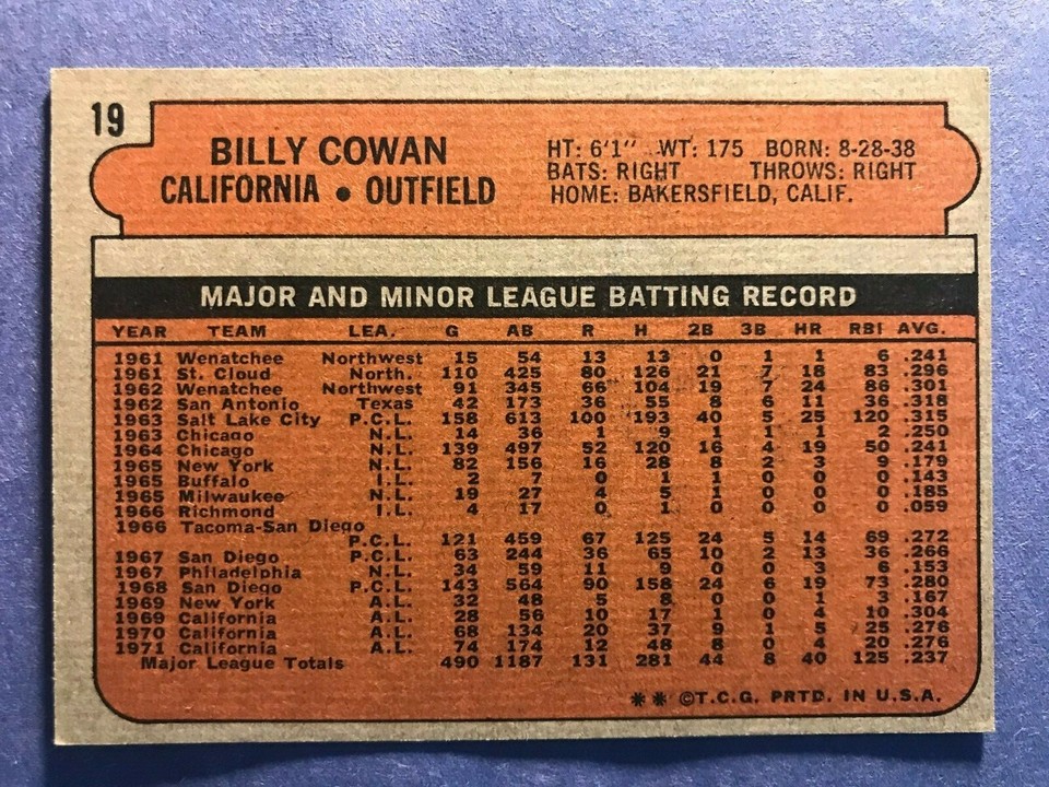 SIGNED BILLY COWAN AUTOGRAPHED 1972 BASEBALL CARD - ANGELS | eBay