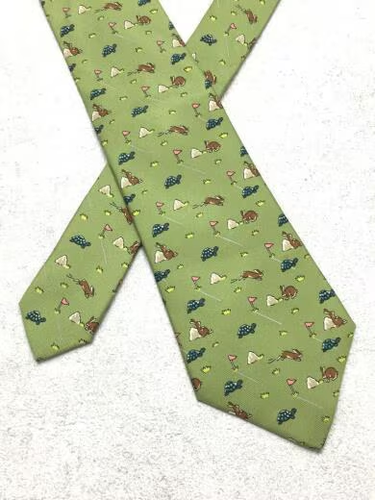 HERMES Rabbit all over pattern tie 100% silk green length 140cm width 8 ...