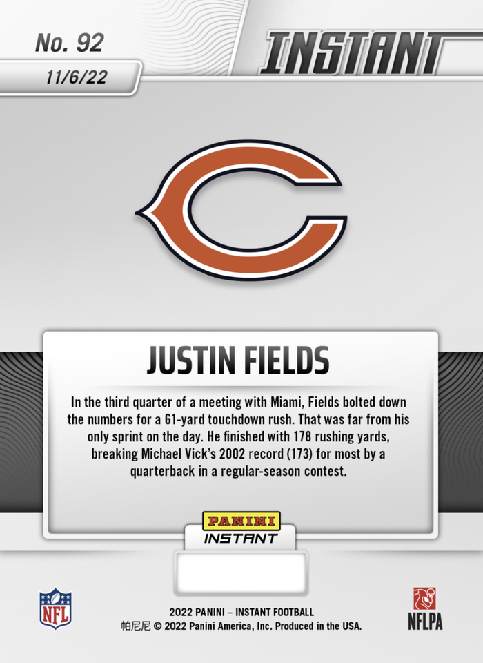 JUSTIN FIELDS SETS RECORD FOR RUSHING YARDS BY A QB PANINI INSTANT NFL ...