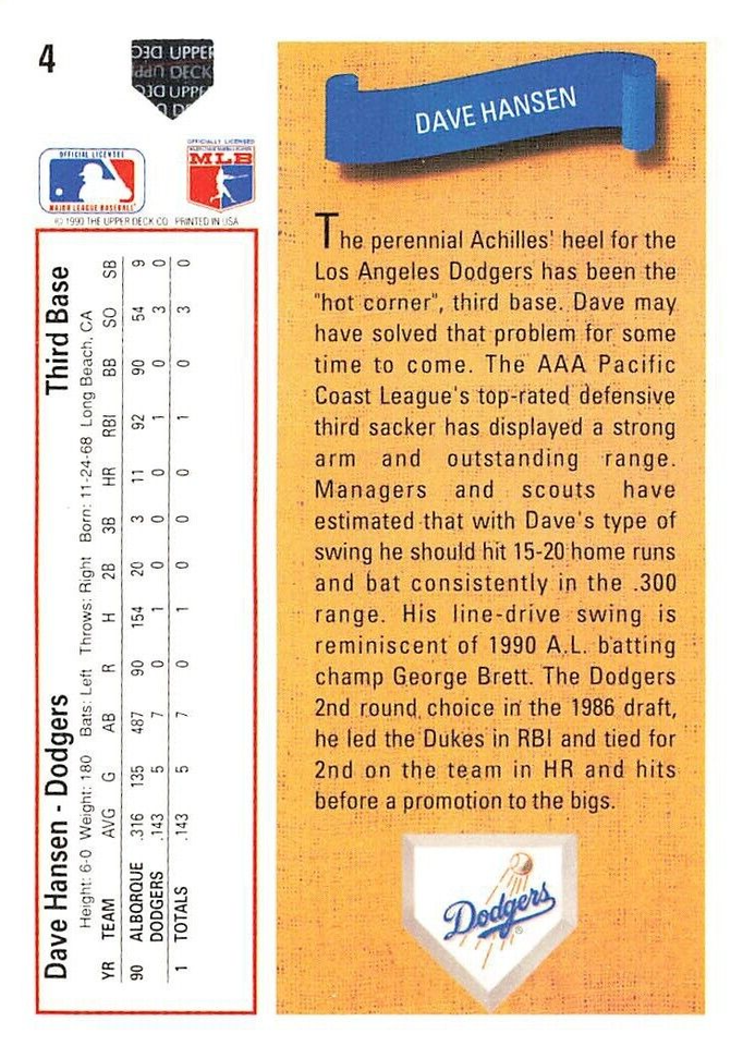 1991 Upper Deck #4 Dave Hansen Dodgers | eBay