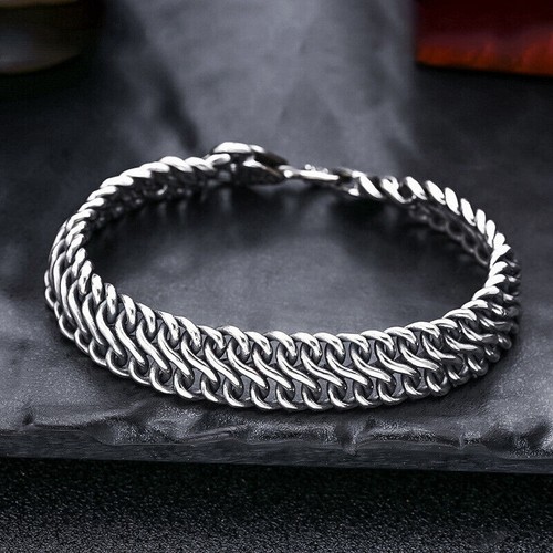 Solid Real S925 Sterling Silver Chain Men 12mm Double Cuban Bracelet 7 ...