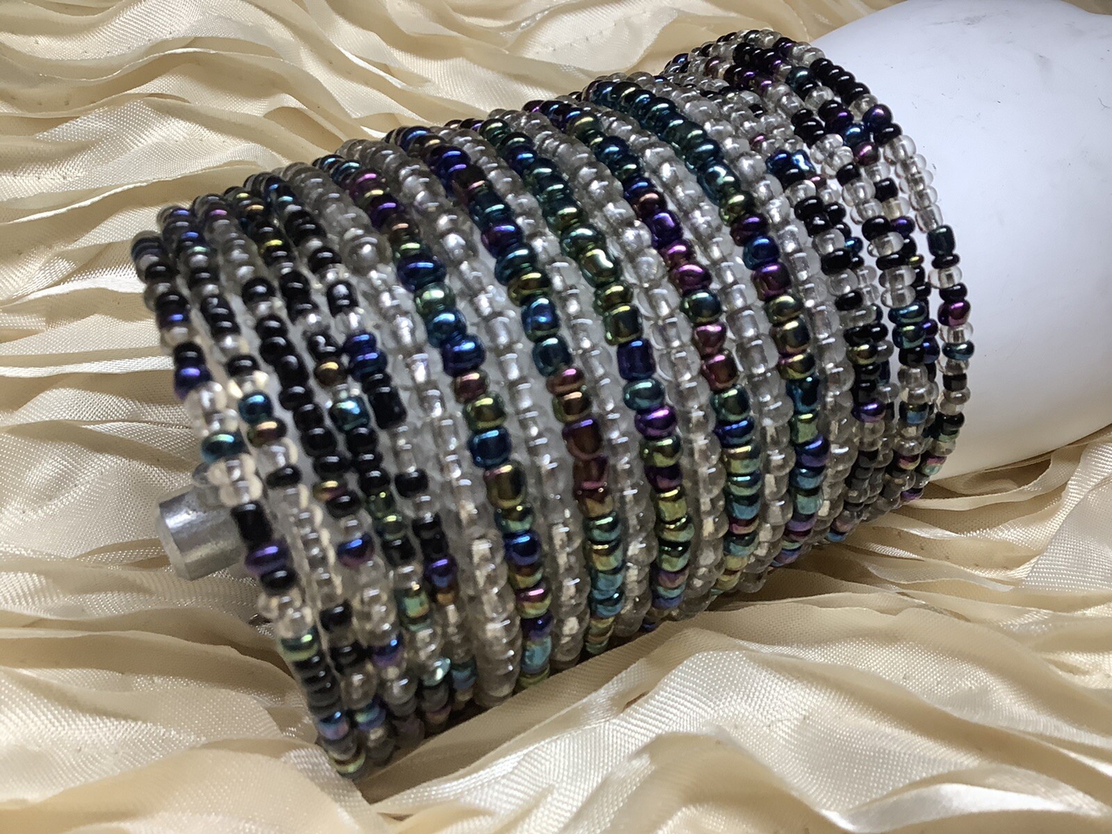 Rainbow Wide Seed Bugle Bead Memory Wire Wrap Cuff Br… - Gem