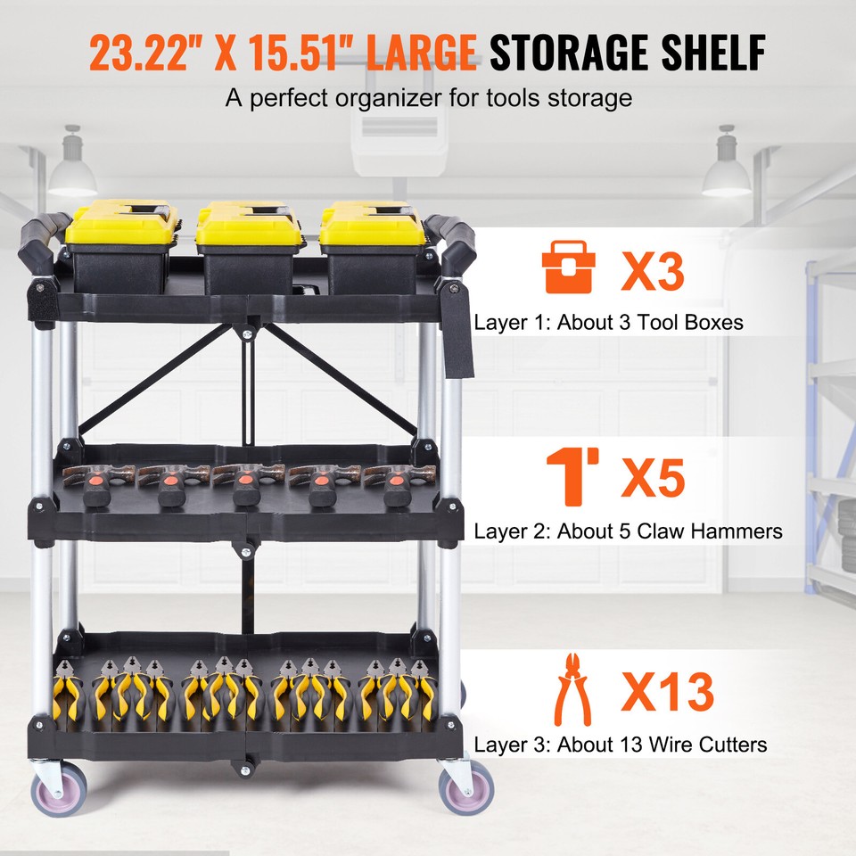 VEVOR Foldable Utility Service Cart 3 Shelf 165LBS with Swivel Lockable ...