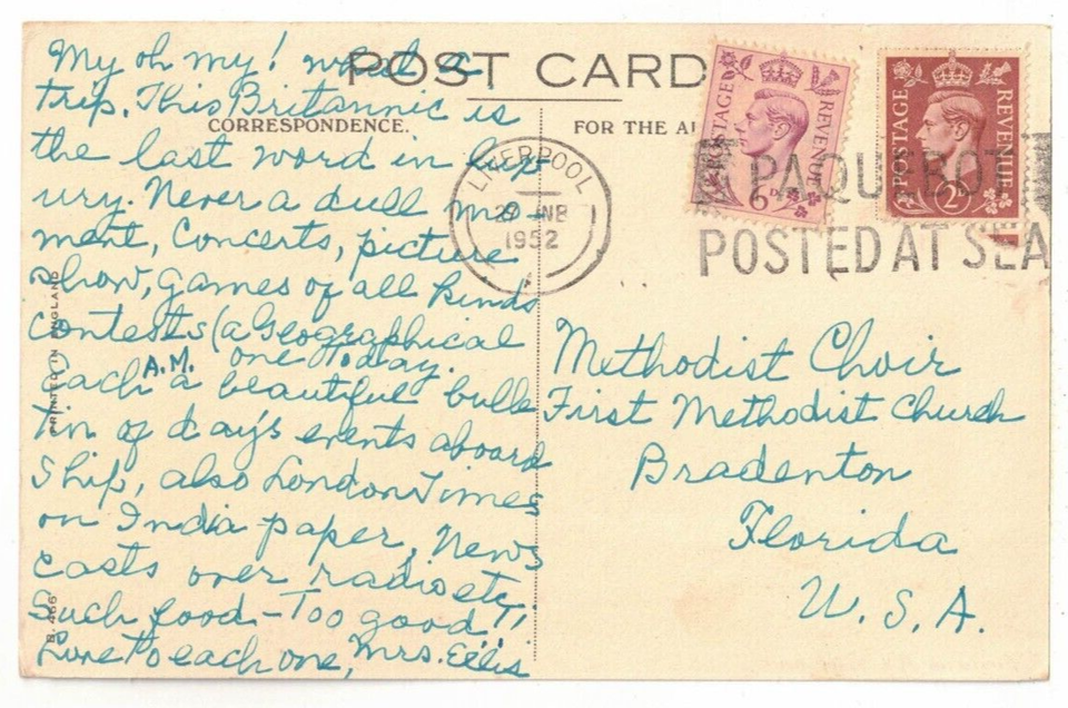 1952 Postcard: Cunard M.V. “Britannic” - Mailed from Liverpool | eBay