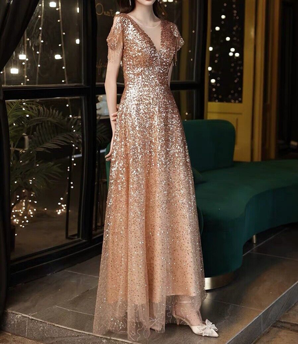 Luxury Gold Prom Dress Tassel Sleeves O-Neck Long A-line Bling Sequins ...