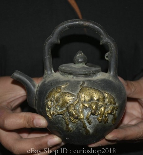 5.6 " Marked China Bronze Gilt Dynasty Animal Cattle Portable Teapot ...