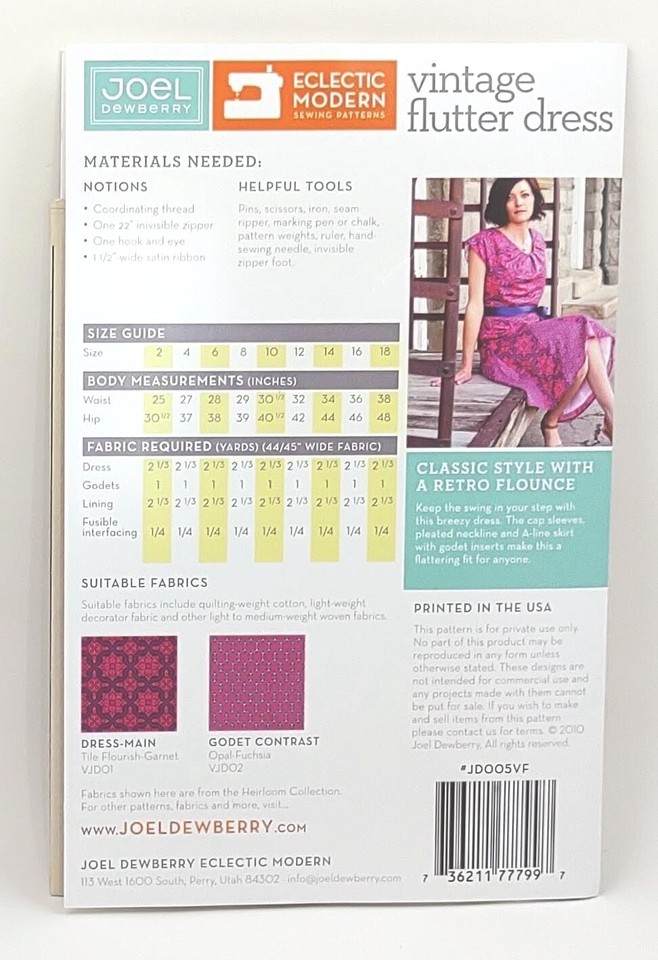 JOEL DEWBERRY Eclectic Modern "VINTAGE FLUTTER DRESS" Sewing Pattern | eBay