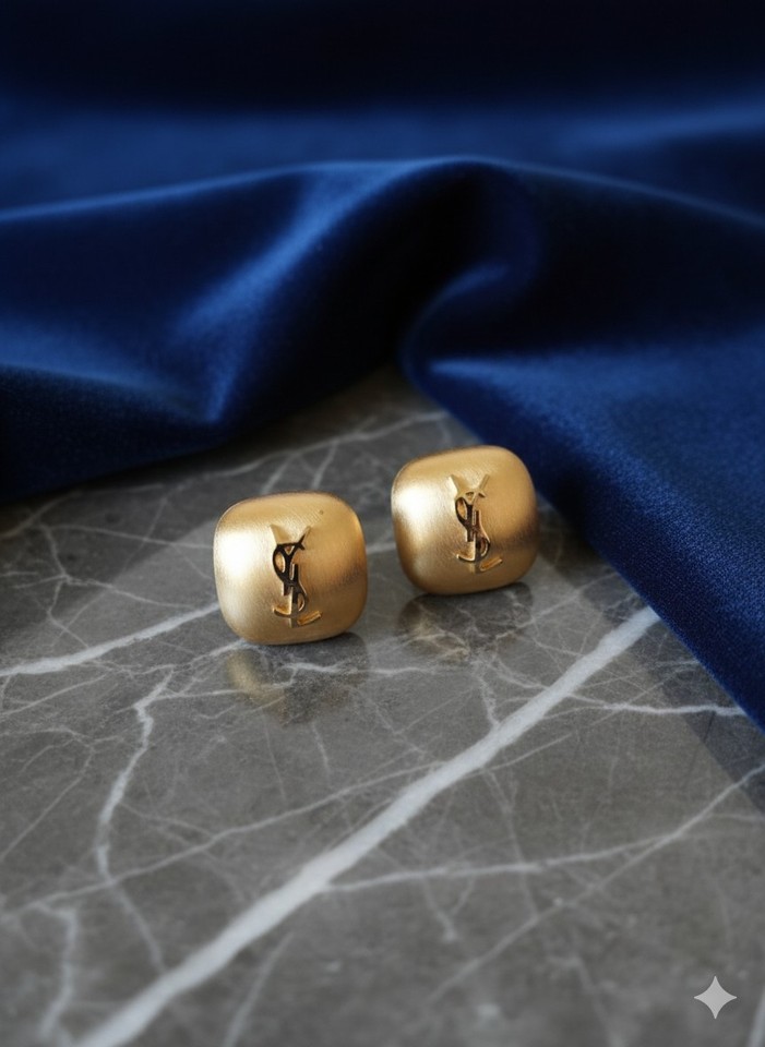 🌷Promotion-YSL Yves Saint Laurent Logo Stud Earrings- Brushed Gold ...
