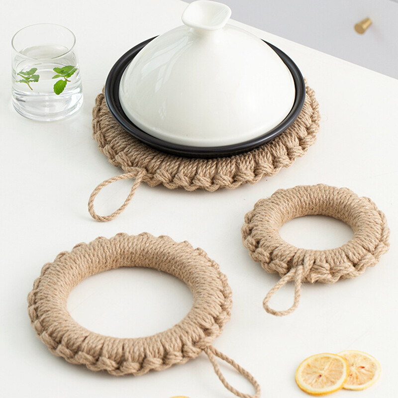 2PCS Vintage Style Round Woven Jute Placemat Pot Holder Insulation Pad ...
