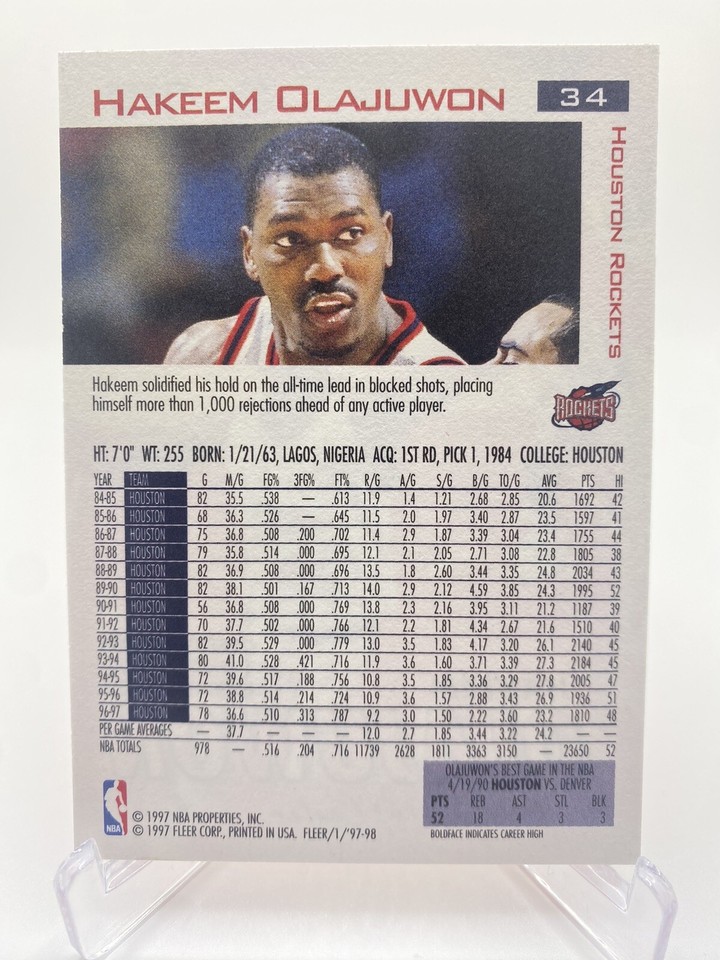 1997-98 Fleer Hakeem Olajuwon Houston Rockets #34 All-Star All-Defense ...