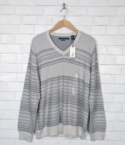 Perry Ellis NWT Merino Wool Blend V Neck Sweater Gray Oatmeal Stripe ...