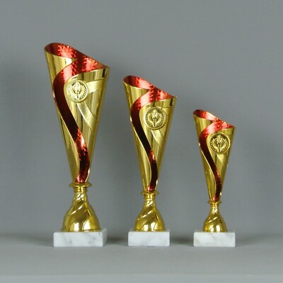 3er Serie Pokale / 27-18cm /gold-rot / mit Gravur + Emblem /kompl ...