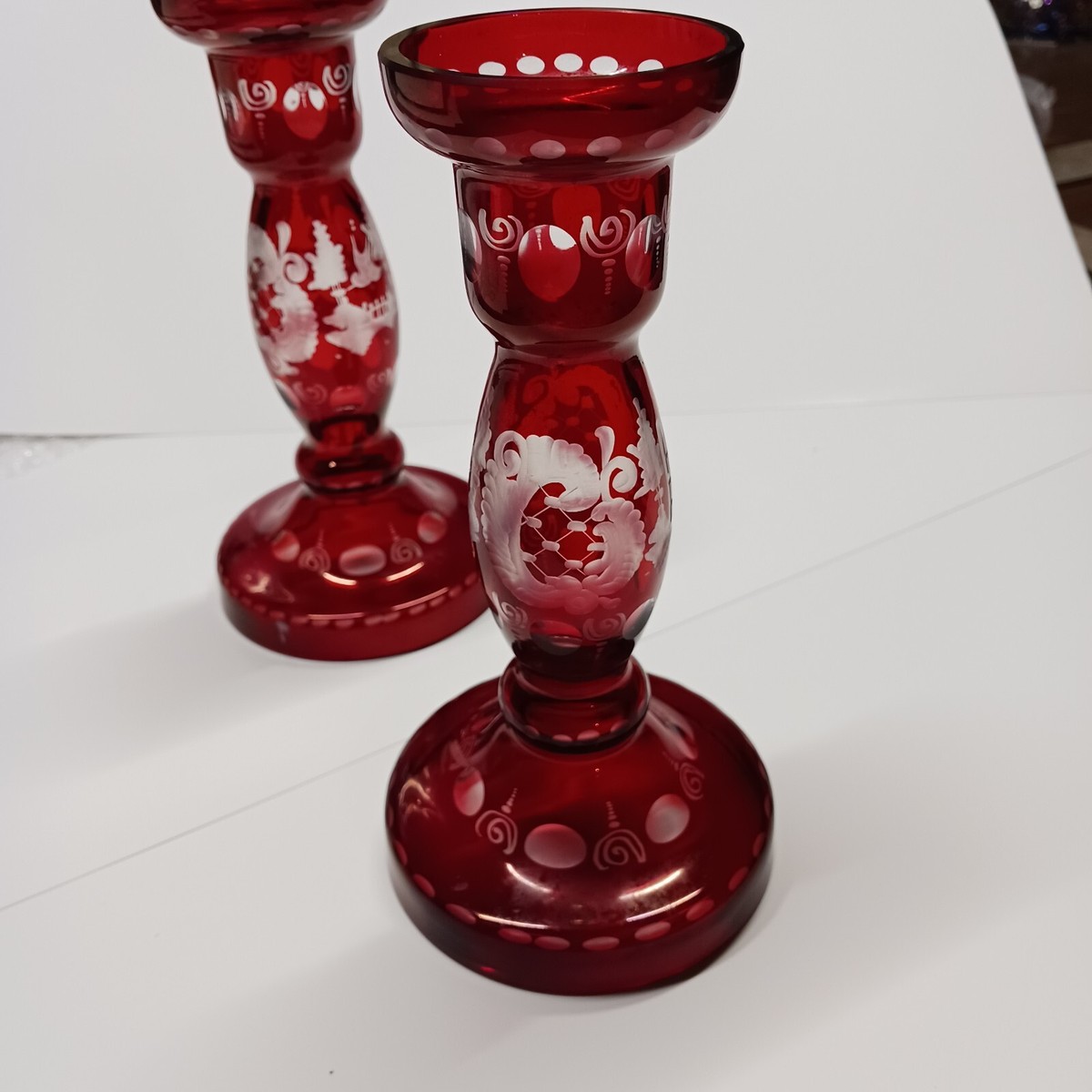 Red Candlestick Holders Vintage Candlesticks W/ Italian Glass Shades,