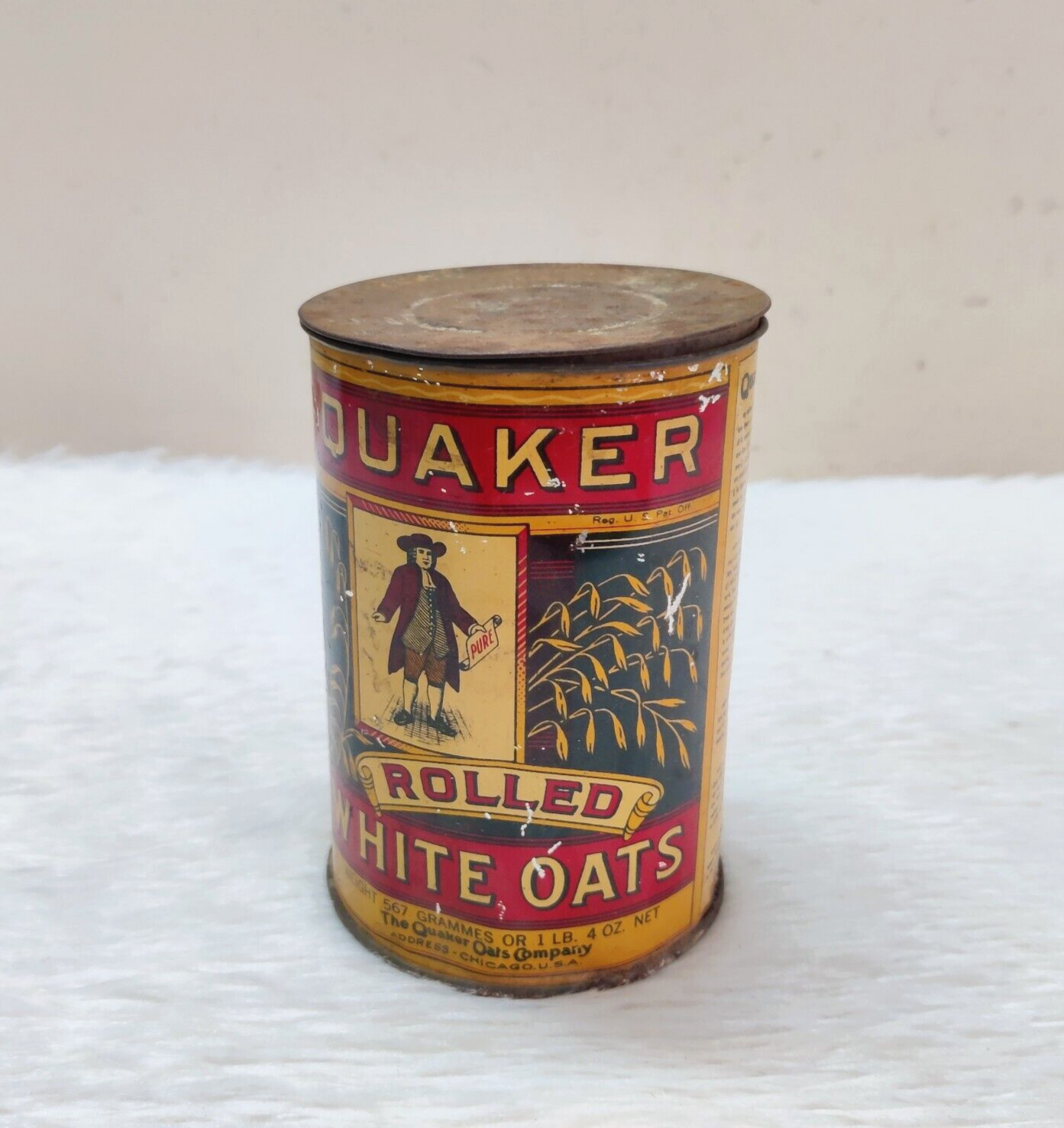 1930s Vintage Rolled White Retro Quaker Oats Advertising Tin Box Round ...