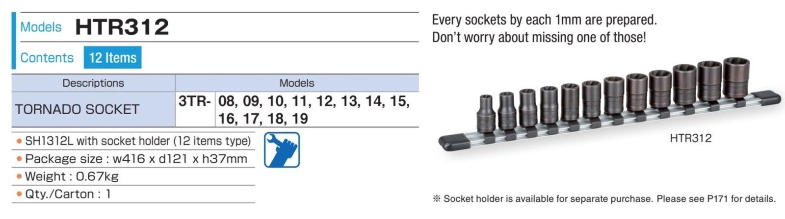 TONE OEM HTR312 3/8" Drive Tornado Socket Set With Holder 12 Items ...