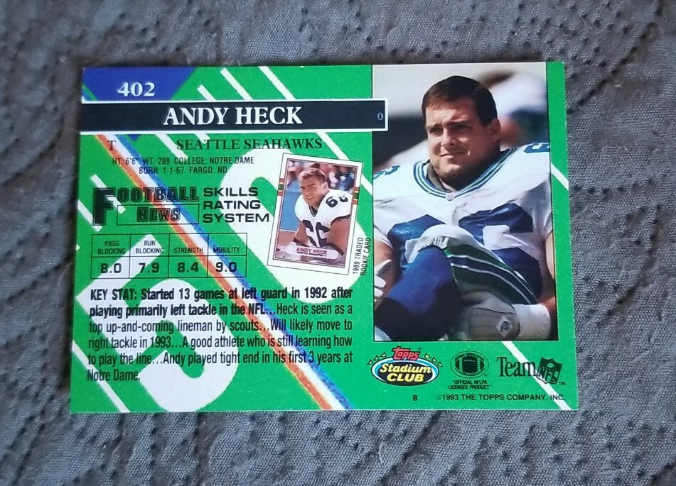 1993 Stadium Club Football Card #402 Andy Heck - Seattle Seahawks | eBay