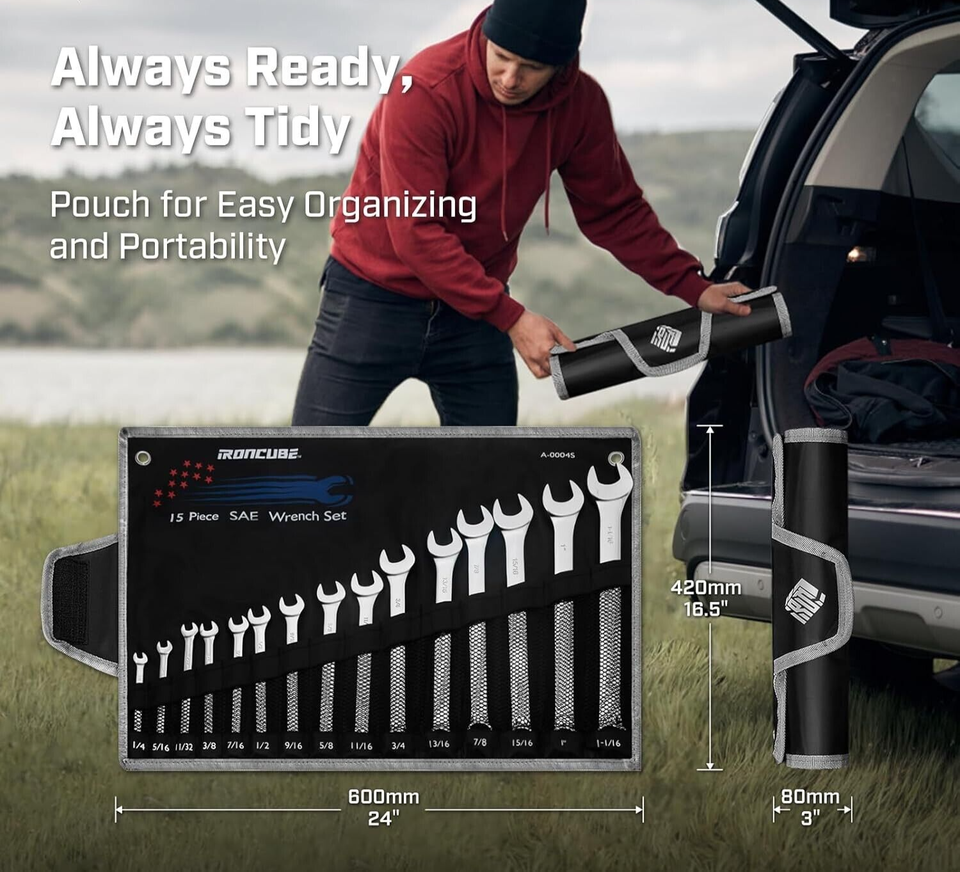 15 PIECE Combination Wrench Set Long SAE 1/4'' to 1-1/16'' w/ WRAP CASE ...