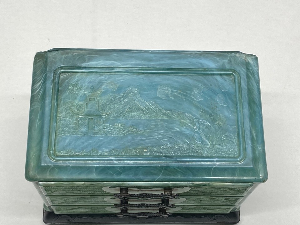 Vintage Asian Faux Jade Plastic Celluloid 3 Drawer Jewelry Box Lucite ...