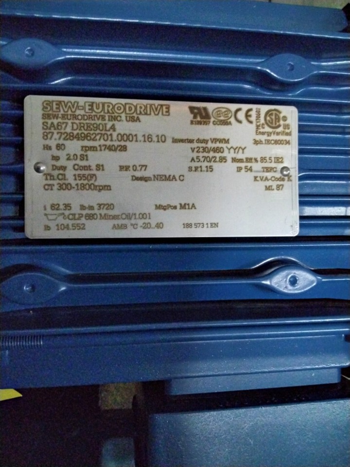 Sew-Eurodrive Gearmotor, Type: SA67DRE90L4, 62.35:1 Ratio, 2-HP Motor ...
