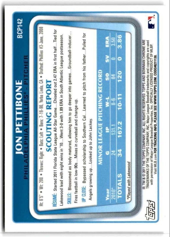 2011 Bowman Chrome Prospects Jon Pettibone 1st Philadelphia Phillies # ...