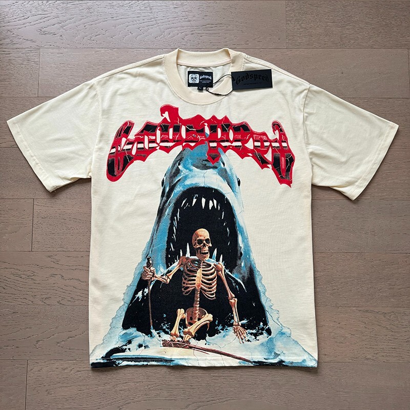 25/SS Godspeed Rock Skeleton Shark Logo print pattern Tee Washed Mens T ...